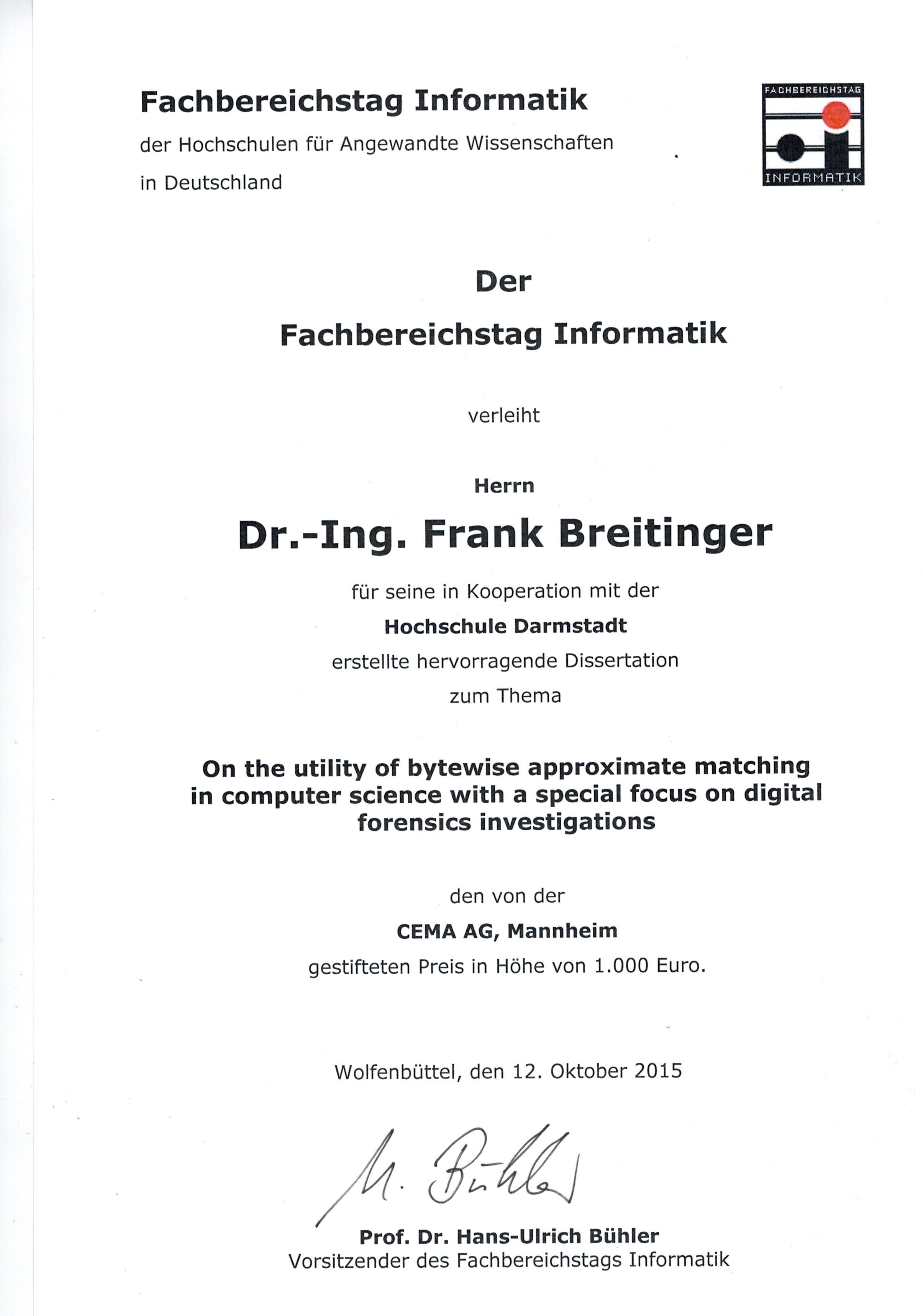 FBTI Award of Excellence – Frank Breitinger